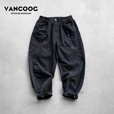 VANCOOG春季复古多口袋宽松大码休闲裤百搭喷漆工装裤哈伦长裤男