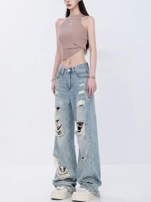 ABWEAR夏季新款美式街头蓝色破洞水洗牛仔裤女直筒宽松显瘦阔腿裤