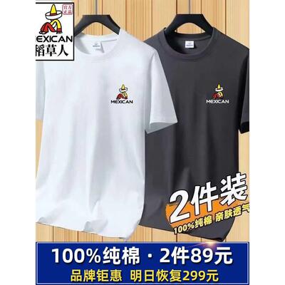 稻草人夏季新款薄款100%纯棉短袖T恤男休闲圆领上衣百搭潮打底t恤