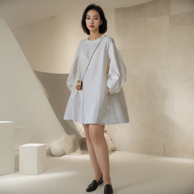 泡泡袖遮肚显瘦法式复古女连衣裙