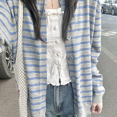 Brandy bm韩版春秋新复古条纹毛衣针织开衫学院慵懒风外套上衣女