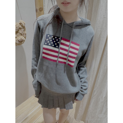 Brandy bm灰色美式休闲连帽国旗印花针织毛衣女灰色宽松长袖上衣