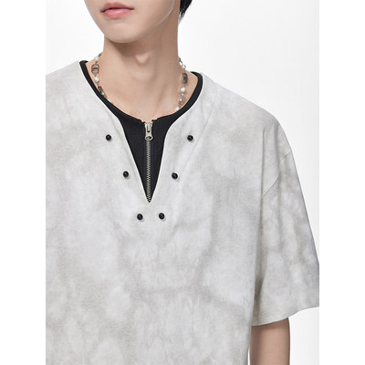 小青少年美式扎染短袖T恤男尼妮家半拉链V领假两件上衣街头潮流力