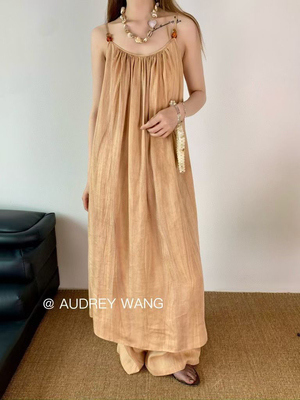 AW2024夏季新款小众设计假日琉璃串珠吊带宽松天丝扎染连衣裙女