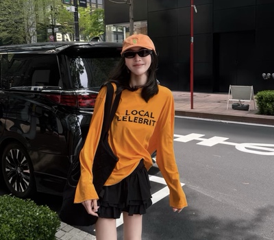 欧货2026春夏字母印花橘色防晒衫长袖t恤女宽松时尚洋气百搭上衣