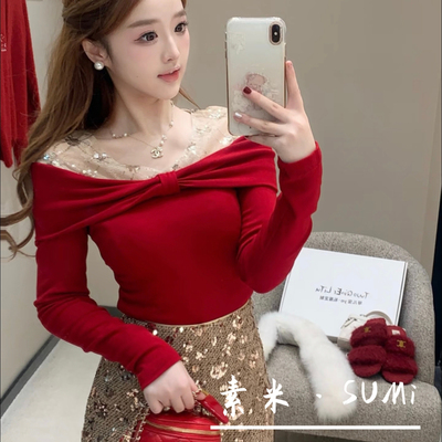 SUMI素米-感亮片蕾丝拼接露肩假两件长袖圣诞新年红针织衫XT-1385
