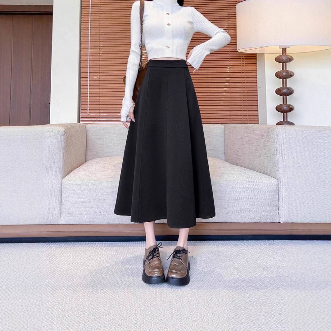 欧美新款毛呢春秋冬百褶半身裙女韩版辣妹高腰黑色中长款a字伞裙