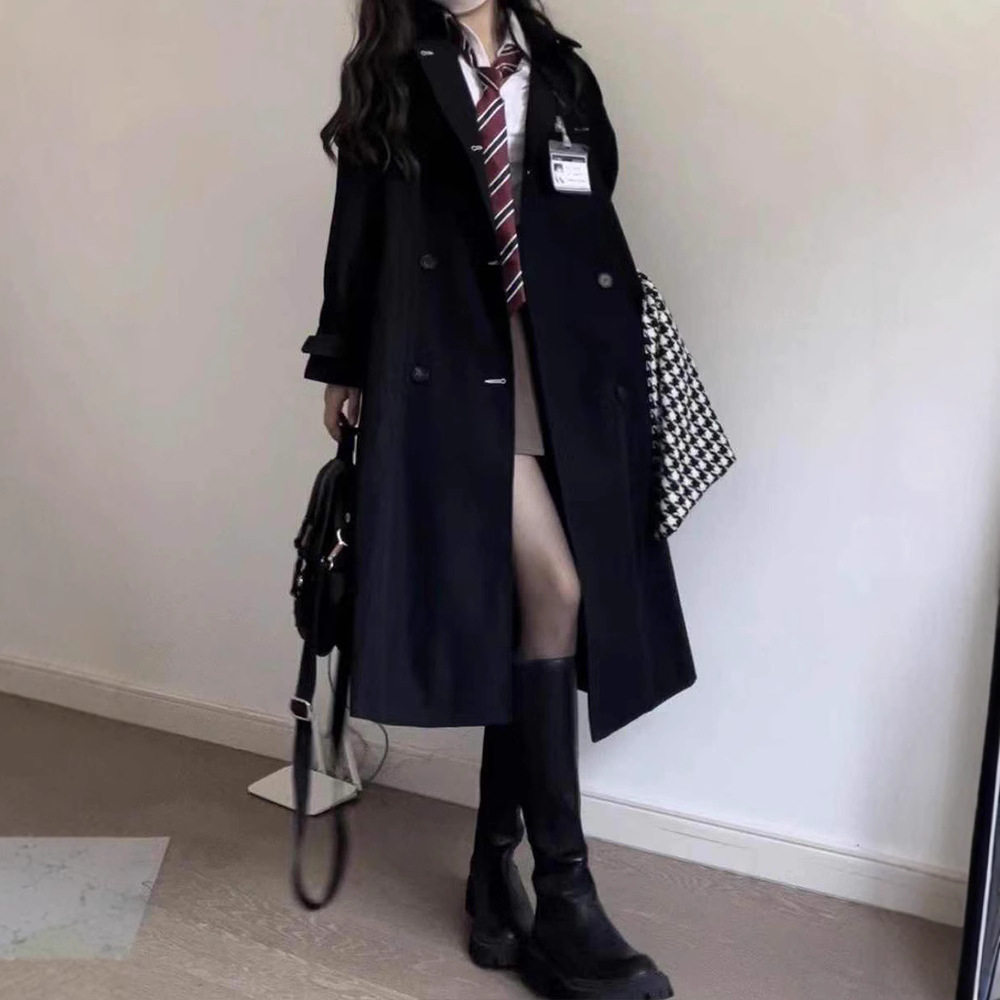 高级感小个子黑色风衣外套女春秋2024新款学院风中长款jk大衣外套