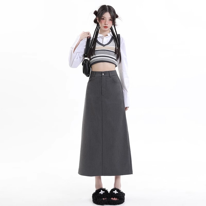 里歌曼灰色高腰半身裙女显瘦2024年夏季新款a字开叉西装中长裙潮
