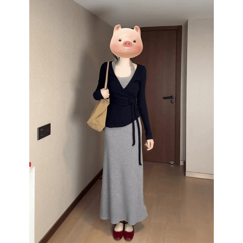 实价现货纯欲辣妹灰色挂脖吊带连衣裙黑色开衫女夏季收腰显瘦套装