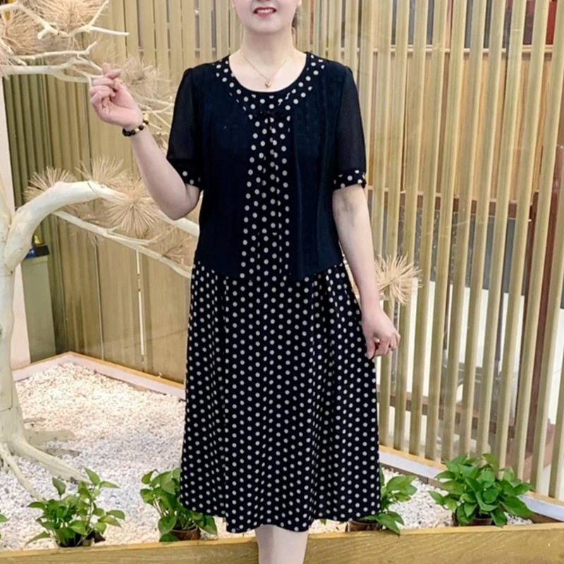 假两件套连衣裙女夏季修身长裙大码中老年妈妈波点短袖裙子中长款