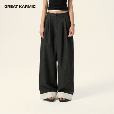 GREATKARMIC 原色翻边设计牛仔裤宽松显瘦阔腿百搭休闲直筒裤GRKC