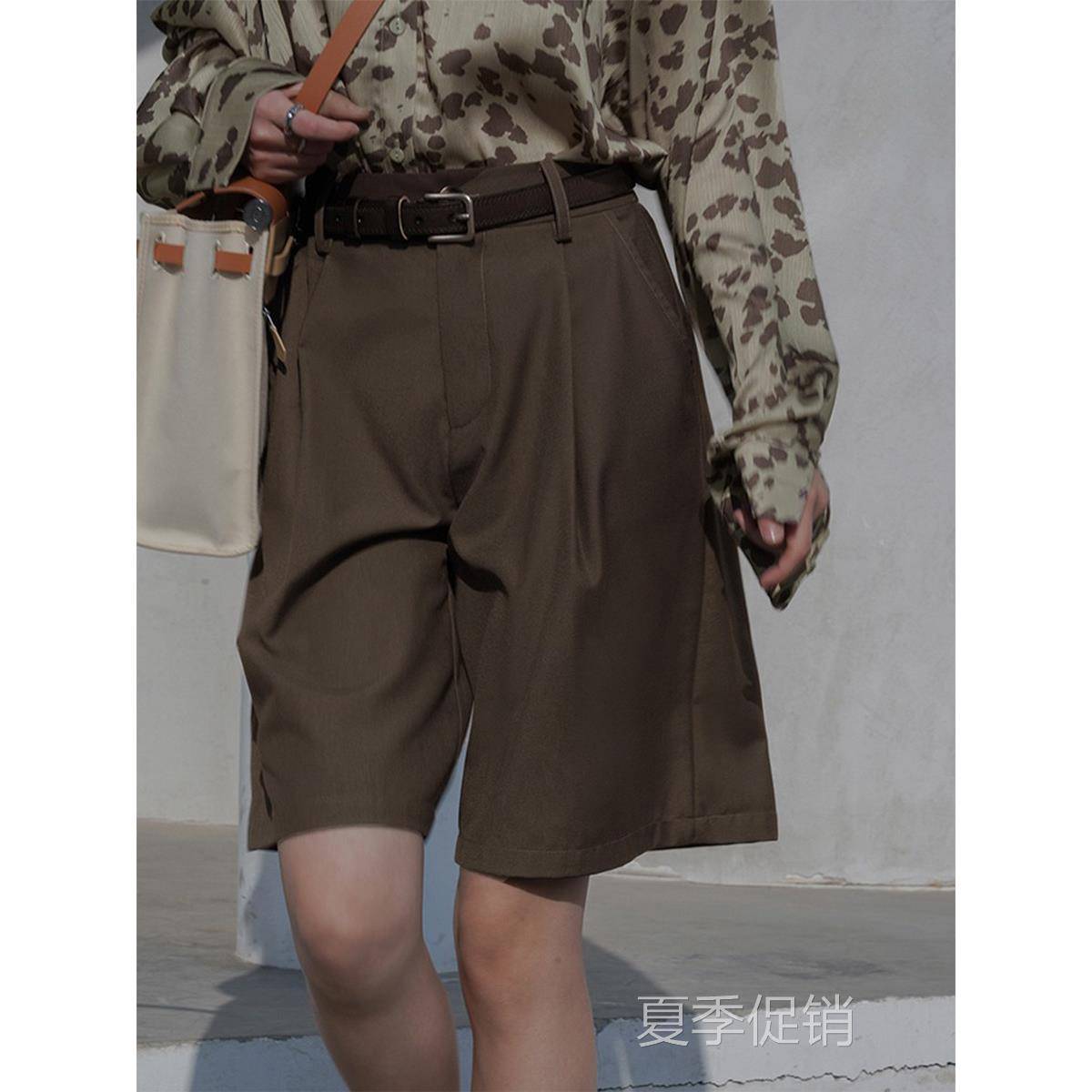 西装短裤女夏百慕大高腰显瘦直筒休闲通勤咖色松紧阔腿五分裤五分