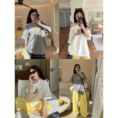 斜肩休闲套头短袖t恤女宽松