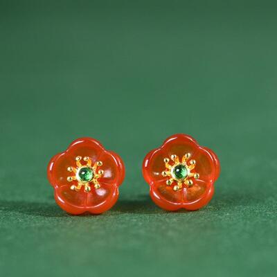新款S925银红玛瑙小花耳钉编号：MN31070