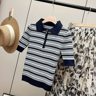 坑纹间色半开领针织短袖T恤女夏