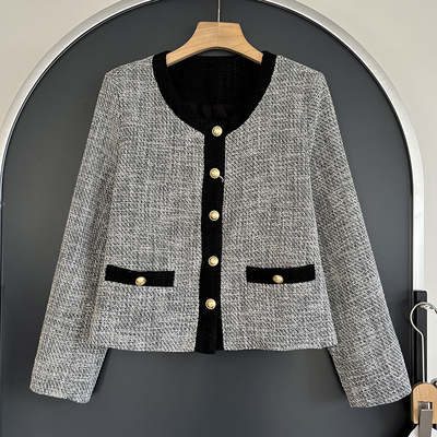 镶边金属扣短款粗花呢外套女