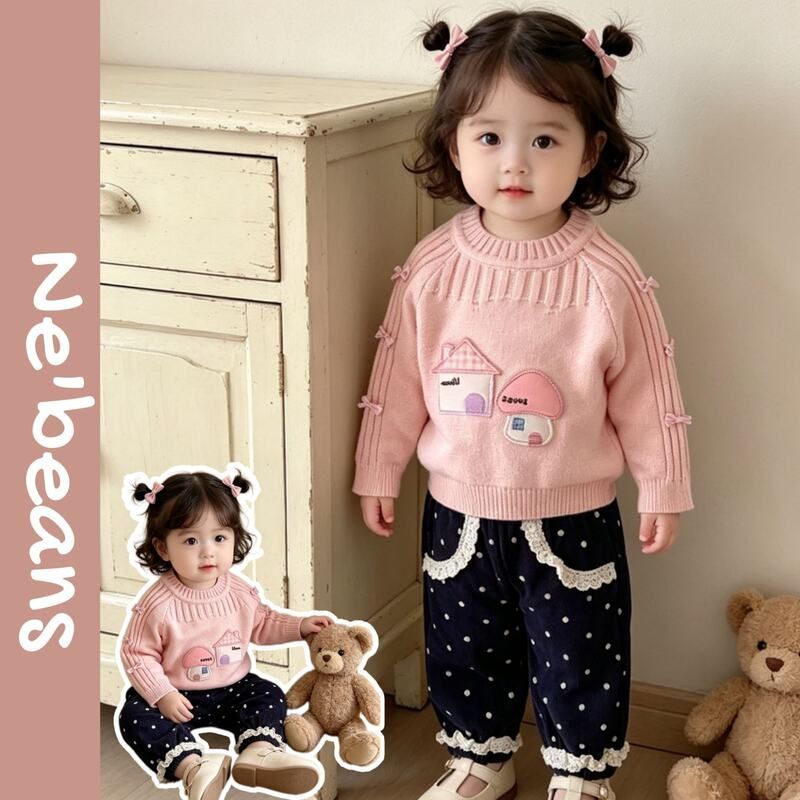 nebeans潮牌秋冬针织冒险衣服套装女孩子粉色韩版蘑菇小房子衣服