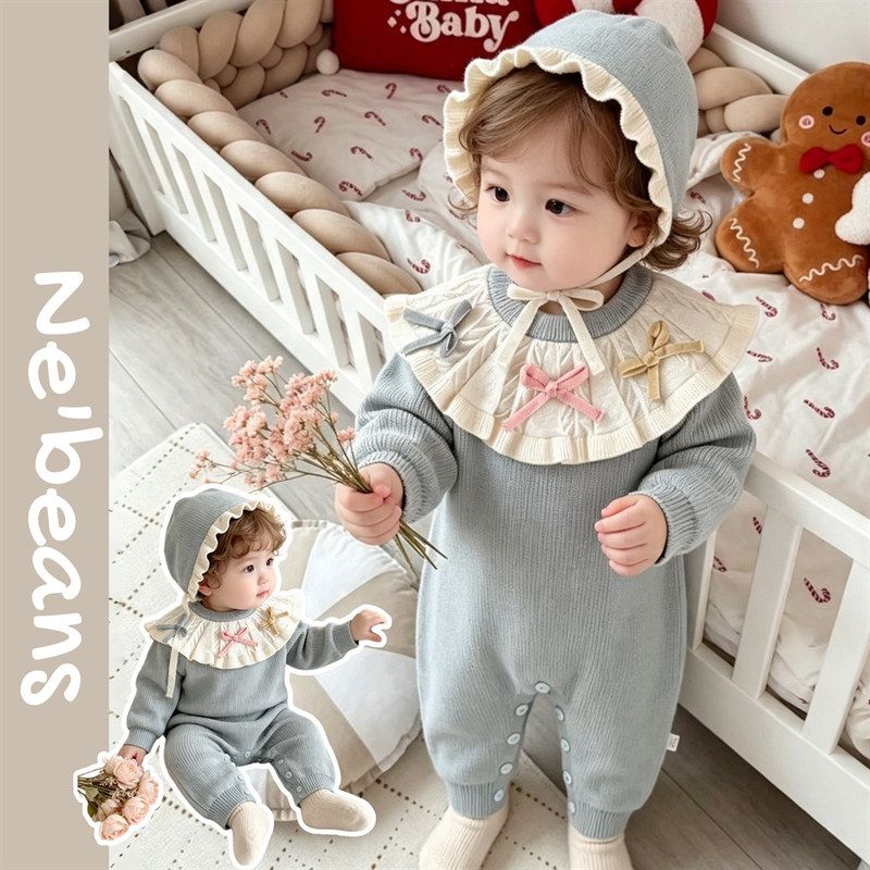 nebeans2026秋季长袖针织毛线衣服女宝宝荷叶领韩版哈衣套装+帽子