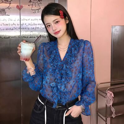 早春秋新品大码女装复古波点荷叶边衬衫女V领木耳边微透长袖衬衣
