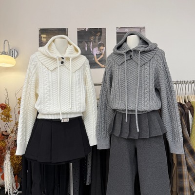 设计感软糯麻花针织衫带可拆卸帽