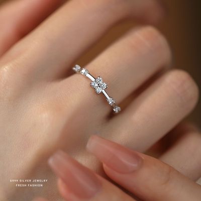s999纯银四叶草锆石戒指女小众轻奢开口戒高级感百搭足银食指戒