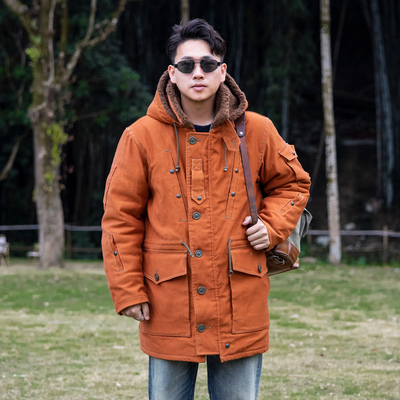 红风 南极科考大衣重磅羊羔绒加厚工装夹克加长款外套 大橘防寒服