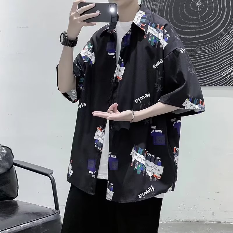 港风宽松五分袖花色衬衫男中袖冰丝衬衣夏季休闲百搭衬衫T恤上衣