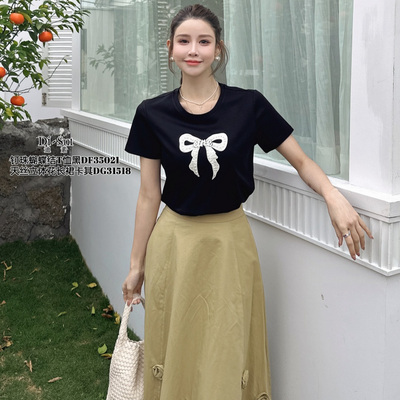 现货特价DI-SUI欧洲站2025夏款女简约百搭显瘦刺绣蝴蝶结T恤35021