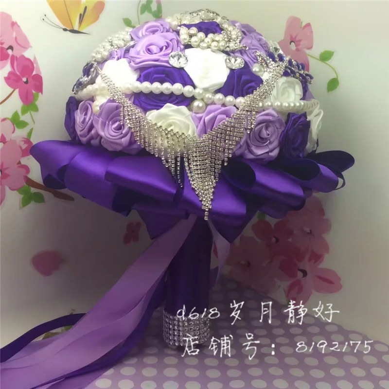 胸花新娘手捧花diy 手工缎带玫瑰花珍珠水钻流苏款手捧花婚礼拍摄