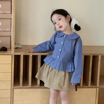 2026款女童春秋季衬衣荷叶裙摆公主风圆领衬衫儿童长袖小格子衬衫