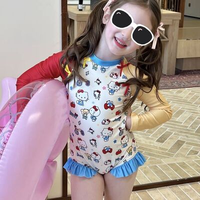 2026新款女童卡通印花长袖防晒泳衣儿童宝宝荷叶边速干连体泳衣