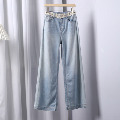 欧货浅蓝色窄版烫钻牛仔直筒裤女2025新款高腰显瘦宽松气质阔腿裤