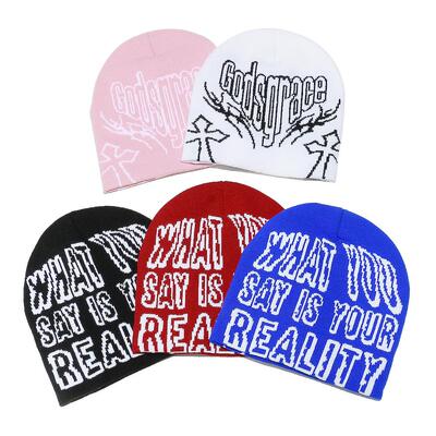 Beanie Caps 冷帽子女个性潮流嘻哈套头帽字母十字架提花针织帽男