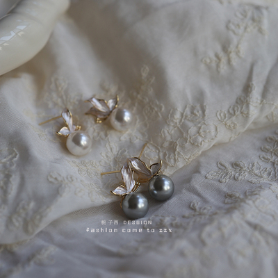 原创设计 卷尾 冷调多真麻灰珍珠流苏耳钉几何釉色轻奢*级感耳饰