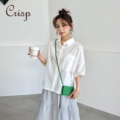 CRISP日系文艺条纹五分袖衬衫上衣女翻领斜口袋衬衣2026夏季新款