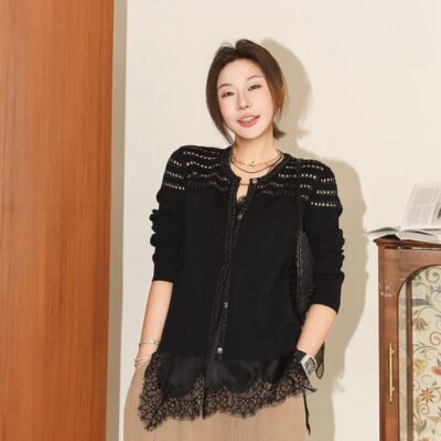 进口冰麻丝圆领镂空针织长袖开衫