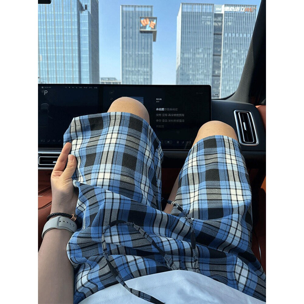 冰蓝色速干格子短裤男夏薄款潮牌美式篮球运动裤子跑步休闲五分裤