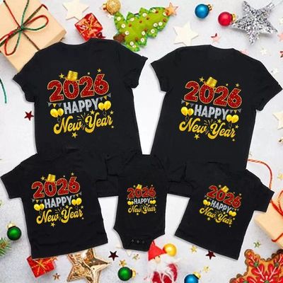 2026新年圣诞节快乐亲子装Happy New Year圆领纯棉短袖T恤男女