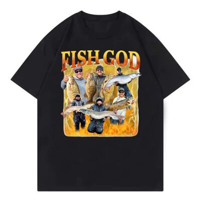 钓鱼爱好者FISH GOD印花短袖T恤男路亚垂钓个性休闲上衣