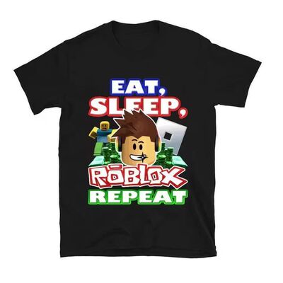 Eat Sleep Roblox Repeat 男孩头像耳机图案短袖T恤圆领棉质上衣