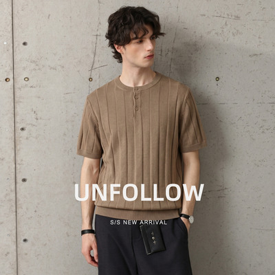 UNFOLLOW莱赛尔亚麻混纺竖纹针织短袖T恤夏季亨利领半截袖体恤潮