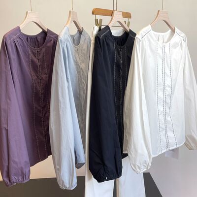 仿天丝全棉！精致小刺绣！外贸女装工厂尾货高端小宽松长袖衬衫衣