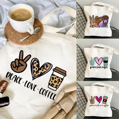 犇Peace Love Coffee 女士帆布购物托特包个性百搭手提单肩帆布包