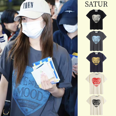 韩国潮牌satur复古爱心印花短袖T恤黄礼志宣美同款情侣纯棉上衣女