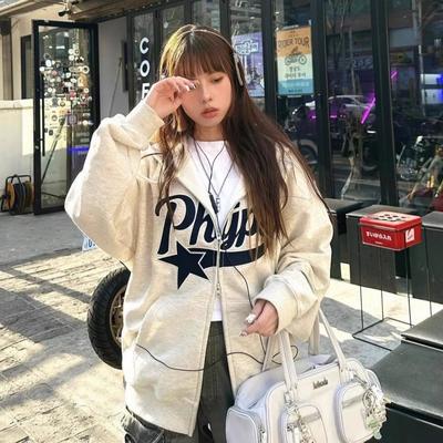 Newjeans金玟池Minji裴真率同款字母星星拉链男女连帽卫衣