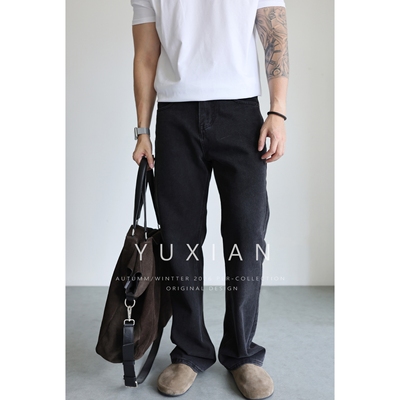 YUXIAN黑色水洗微喇牛仔棉质长裤