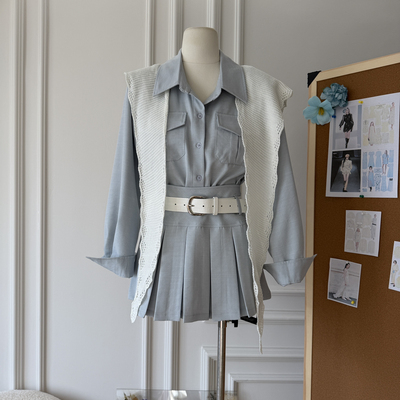 繁花年早春学院风减龄衬衫+百褶裙套装(不配腰带披肩)YS1-9622