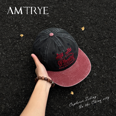 AMTRYE 美式复古水洗做旧拼色平檐鸭舌帽男街头滑板大头围棒球帽