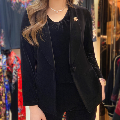 妈妈时贵开衫大码老太太黑色丝绒一粒扣中老年秋